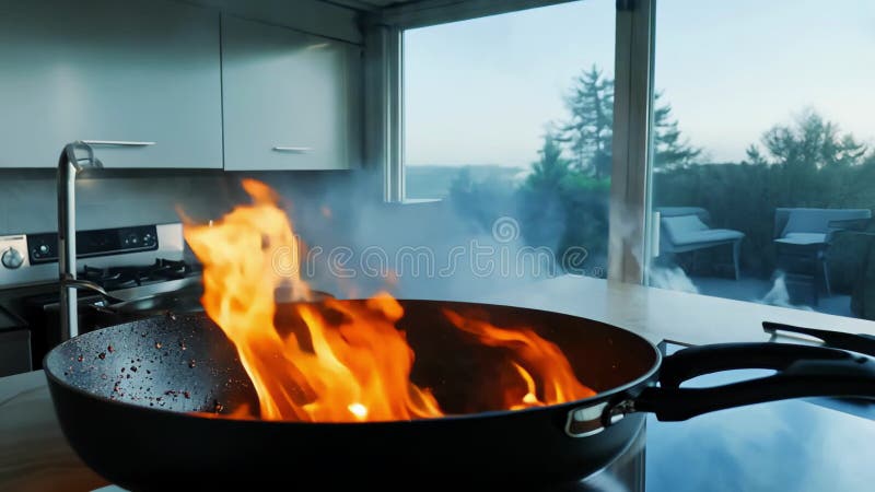 Close-Up View of a Large Flame in a Wok Pan in Modern Kitchen Setting ...