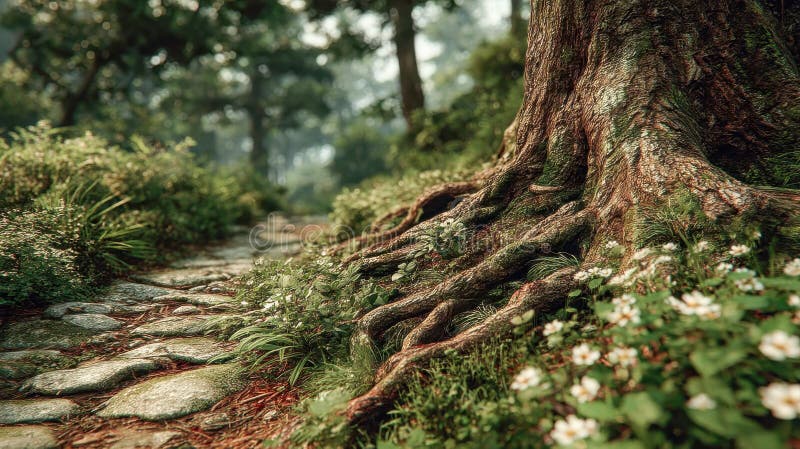 Close-up View of a Large Tree with Sprawling Roots Covered in Moss, Set ...
