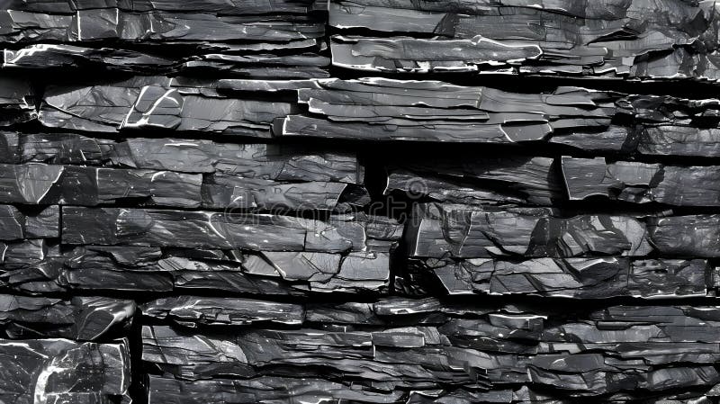 Close-up View of Layered Black Slate Rock with White Veining. Stock ...