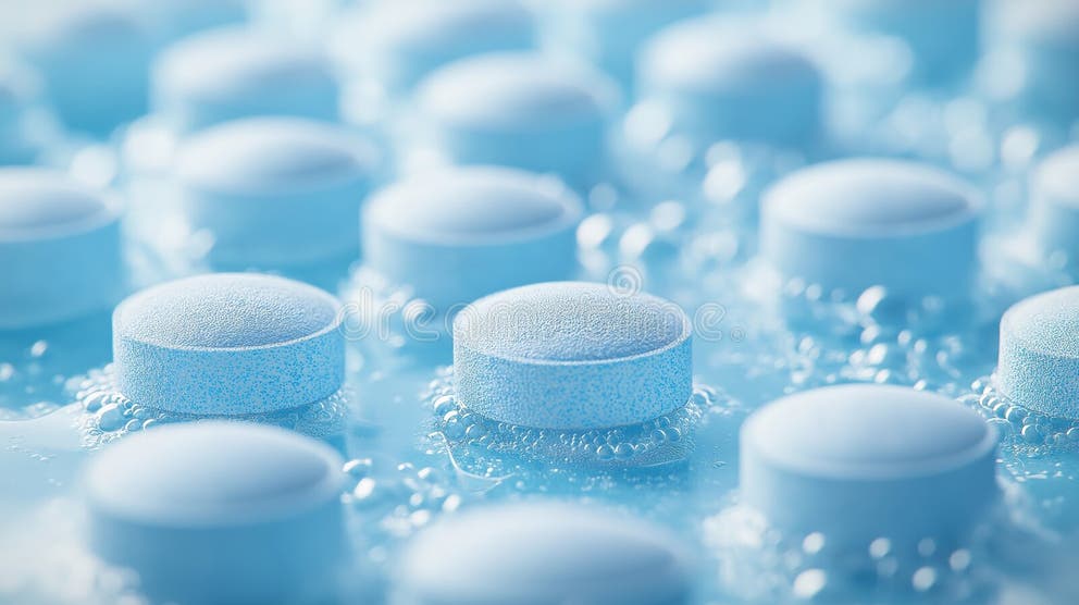 Close-up View of Light Blue Effervescent Tablets in Water Bubbles Stock ...
