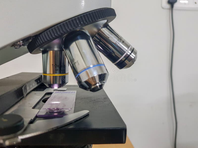 Close Up View of a Light Microscope with Glass Slide Focussed Stock ...