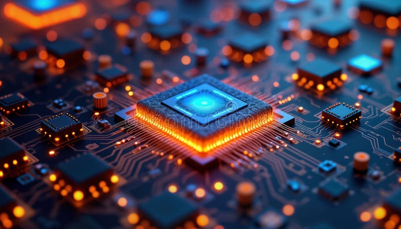 Close-up View of Lit-up Computer Chip. Orange, Blue Lights Highlight ...