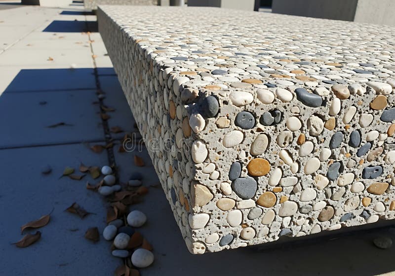 Concrete Bench with Embedded River Stones and Fallen Leaves Stock ...