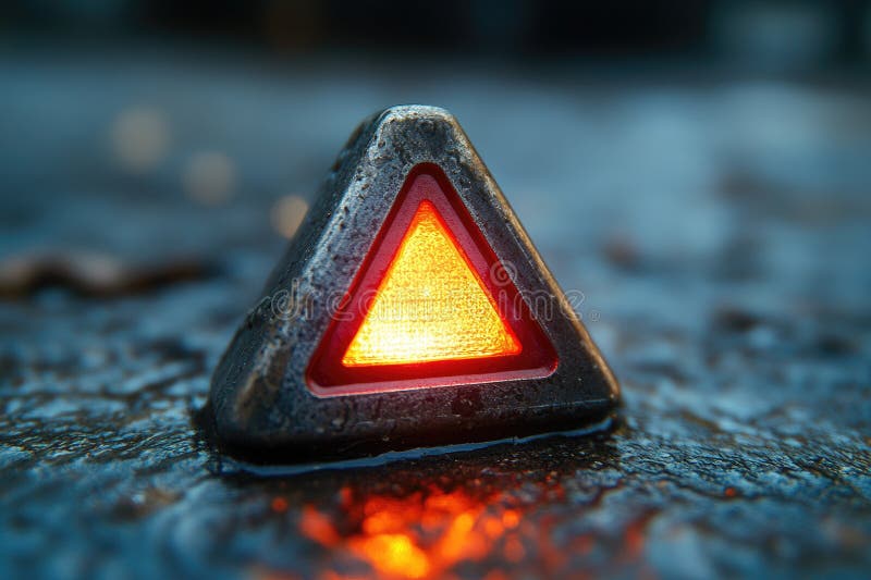 Glowing Emergency Triangle Warning Sign in Wet Asphalt Stock ...
