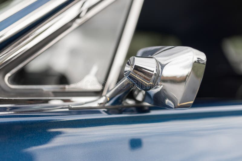Close Up View of Luxury Blue Classic Car Side View Mirror Stock Image ...