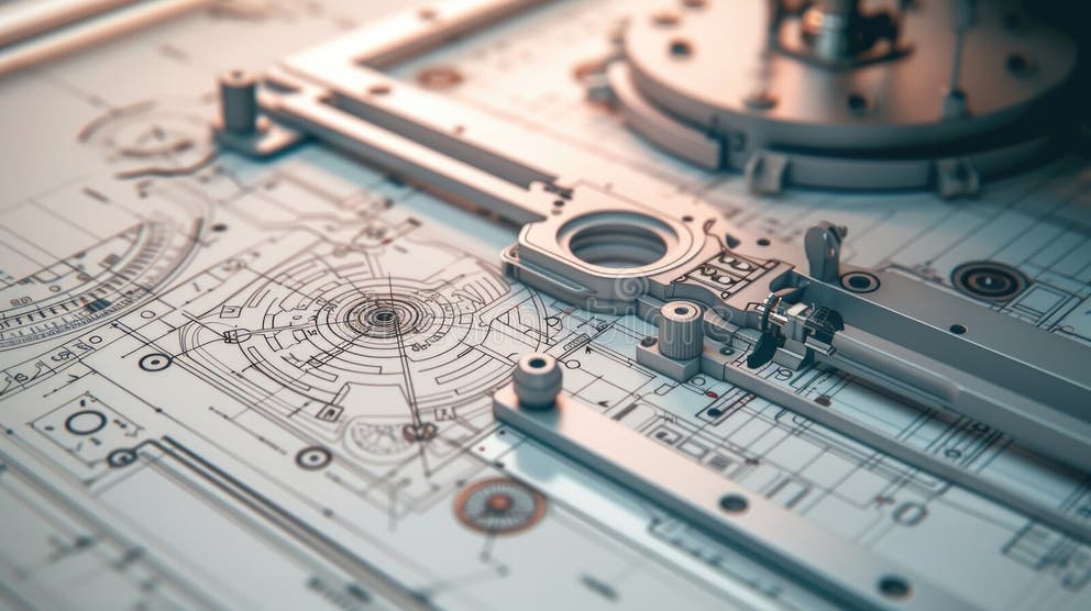Close Up View of a Machine on a Blueprint. Perfect for Engineering and ...