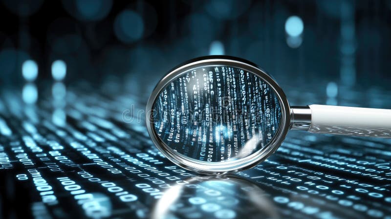 Close-up View of a Magnifying Glass Highlighting Binary Code, Emphasizing Data Analysis and ...