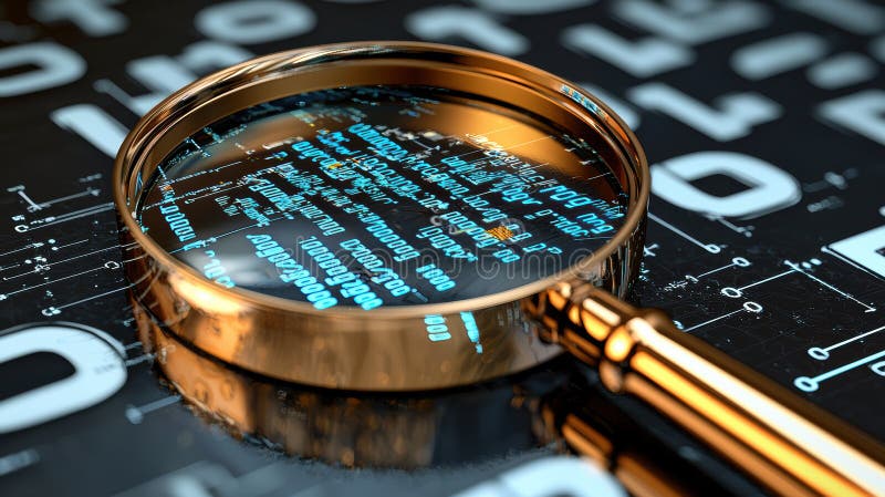 Close-up View of Magnifying Glass Over Digital Code and Numbers on a ...