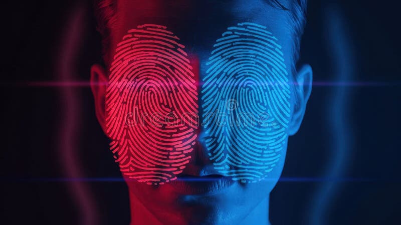 A Close-up View of a Male Face Featuring Red and Blue Fingerprint ...