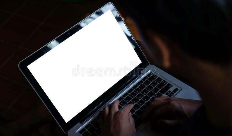 Close Up View Man Using Laptop Computer. Blank Screen Stock Photo ...