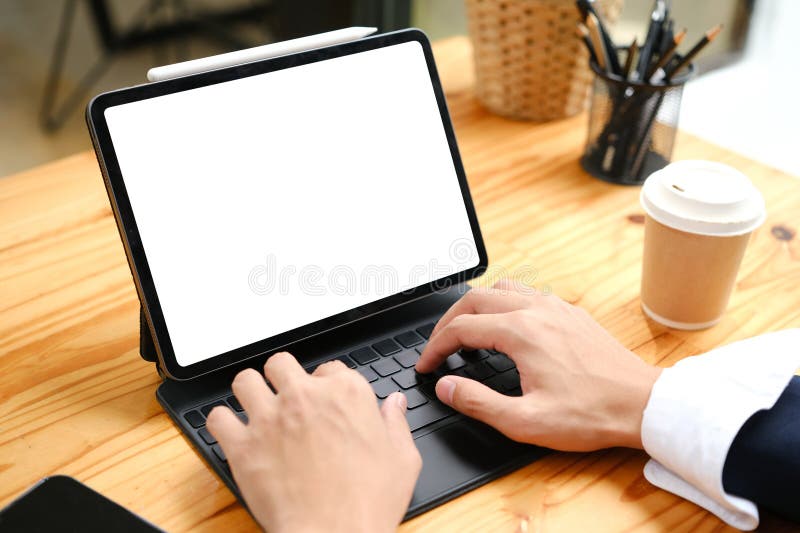 Close Up View of Man Using Tablet Blank White Screen Stock Image ...