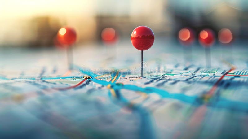 A Close-up View of a Map with Red Pins Marking Specific Locations. this ...