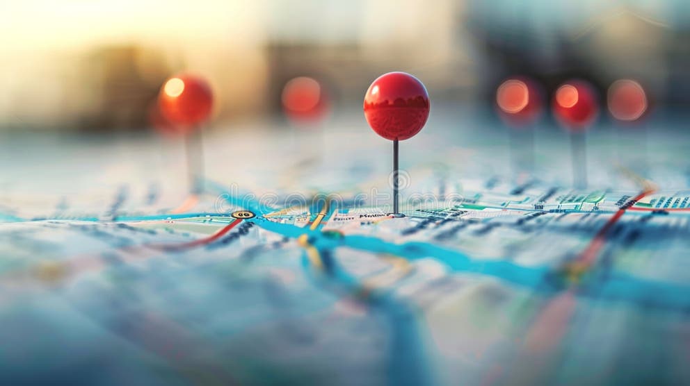 A Close-up View of a Map with Red Pins Marking Specific Locations. this ...