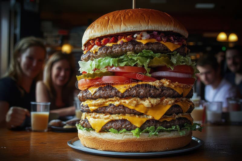A Giant, Multi-Layered Burger on a Plate with Blurred People in the ...
