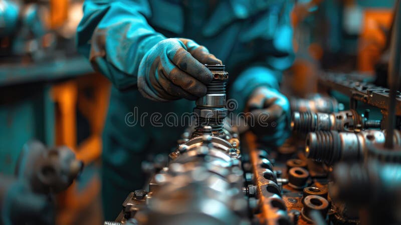 Close-up View of a Mechanic Assembling Engine Components in a Workshop ...