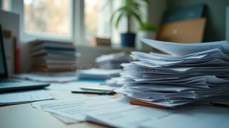 Close-Up View of a Messy Office Desk with Paperwork Stock Illustration ...