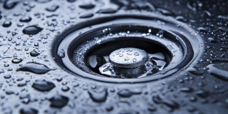 Close-up View of a Metal Drain Surrounded by Water Droplets Reflecting ...