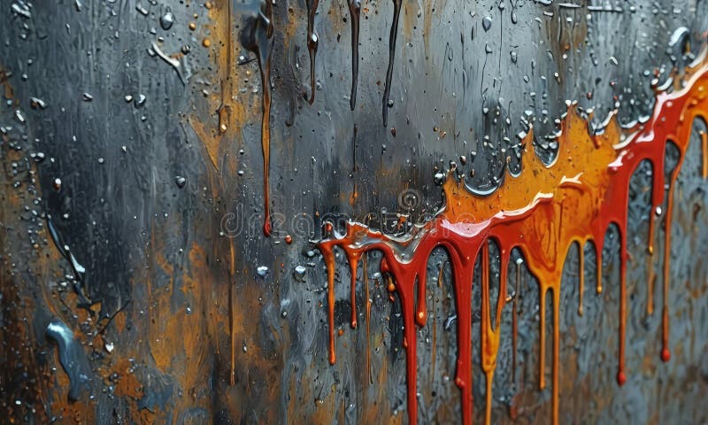 Close-up View Metal Surface with Vibrant Drizzle Orange and Red Paint ...