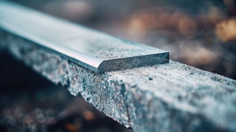 A Close-up View of a Metallic Blade Resting on a Textured Wooden Plank ...