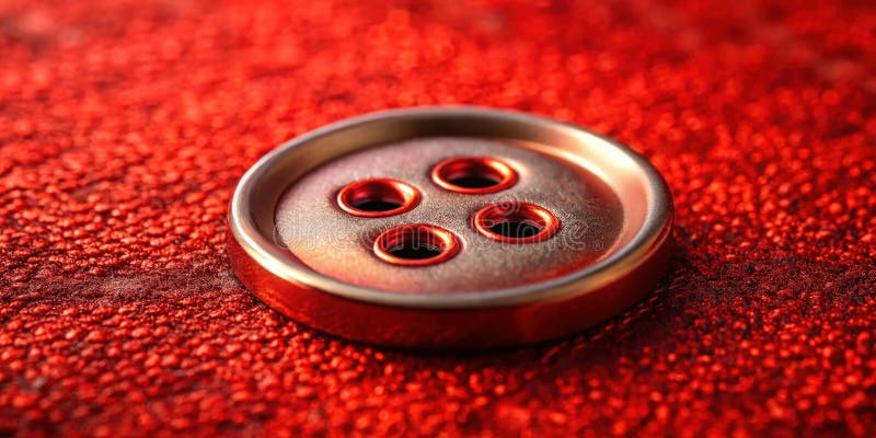 Close-up View of a Metallic Four-hole Button on a Red Textured Surface ...