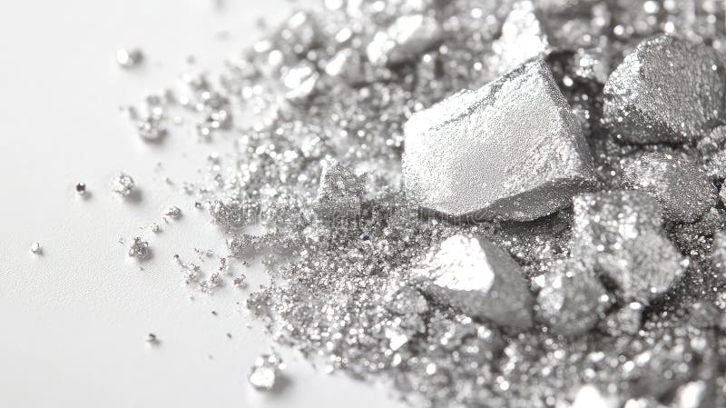 Close-Up View of Metallic Silver Powder and Chunks on White Surface ...