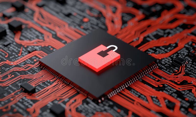 A Close-up View of a Microchip Featuring a Red Unlocked Padlock Symbol ...