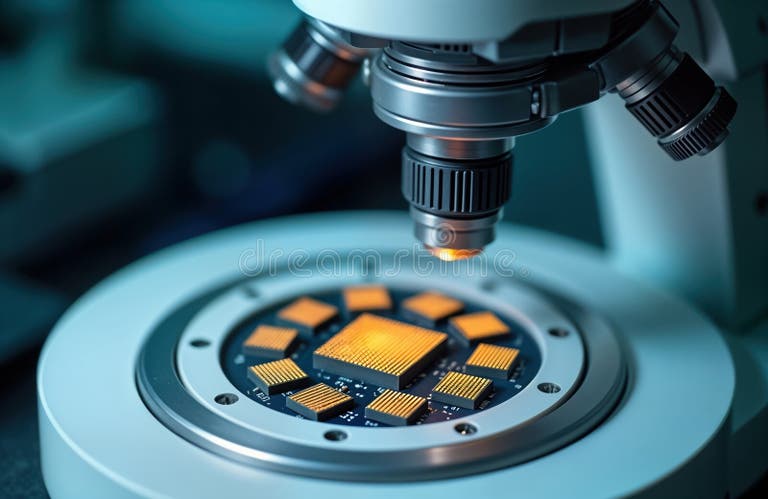 Close-up View of Microchip Transistor Samples Under Microscope. Tech ...