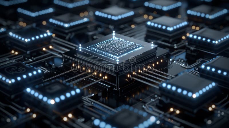 Close-up View of Microchips with Glowing Circuits, Representing ...