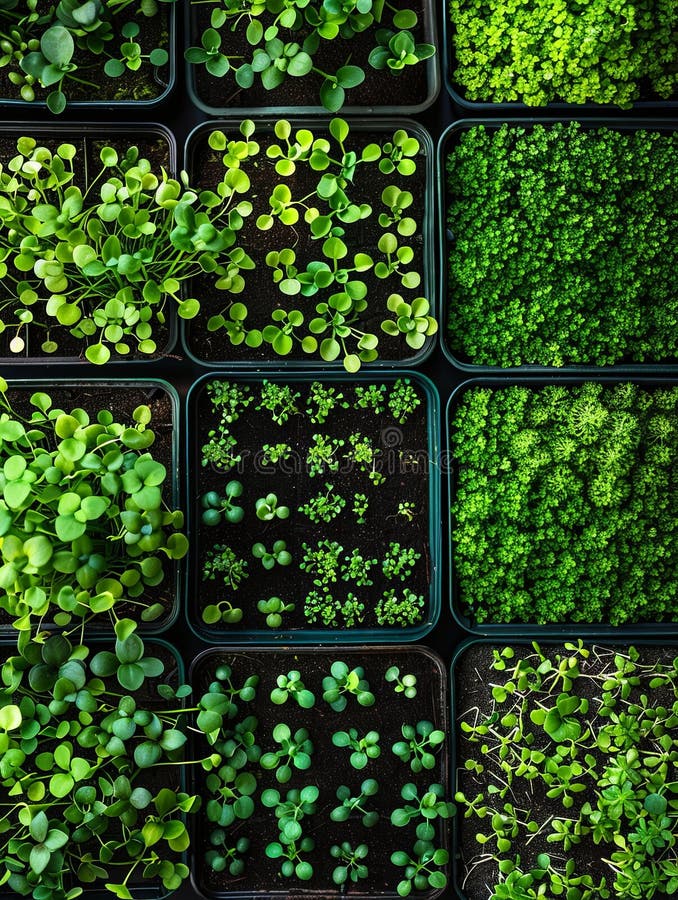 A Close-up View of a Microgreen Farm Showing Rows of Trays Filled with ...