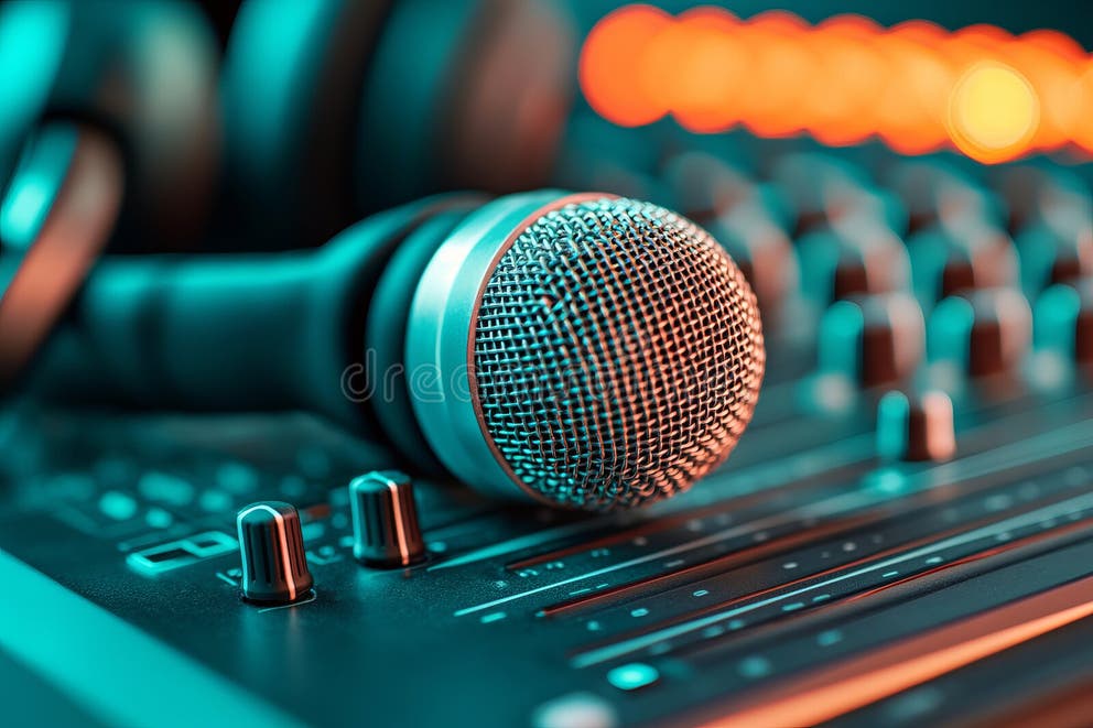 Close-up View of Microphone on Mixing Console with Colorful Lighting ...