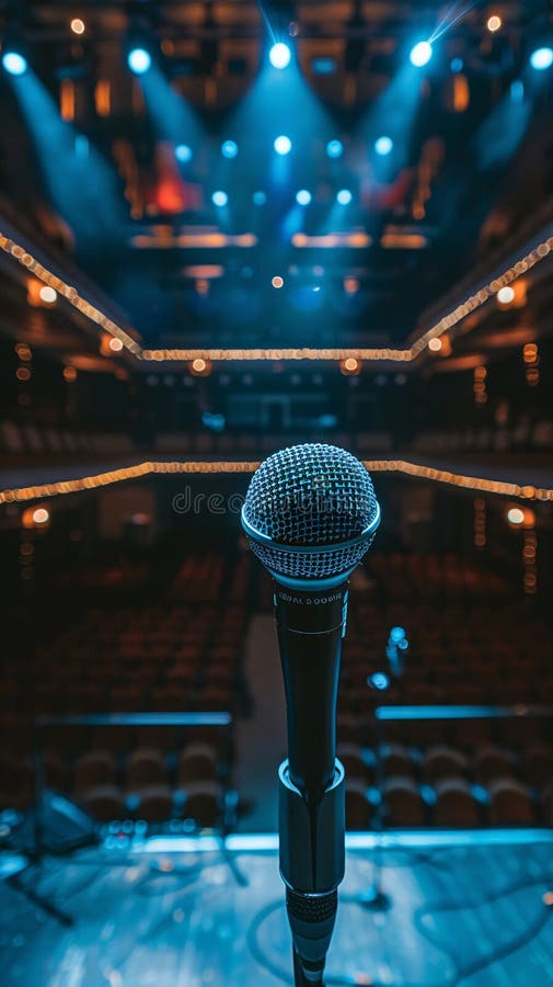 Close Up View of a Microphone Under Spotlight on an Empty Stage Setting ...