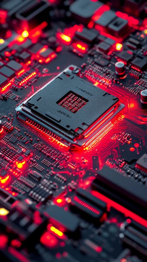 Red Illuminated Microprocessor on Circuit Board Showcasing Advanced ...