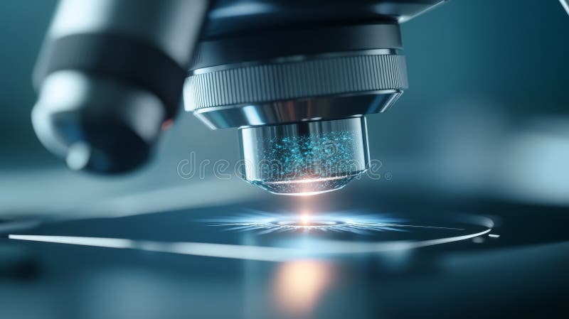 Close-up View of a Microscope Lens Focusing on a Sample Slide ...
