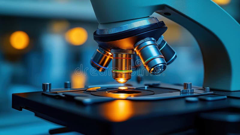Close-up View of Microscope Lens Illuminated. Advanced Tech Equipment ...