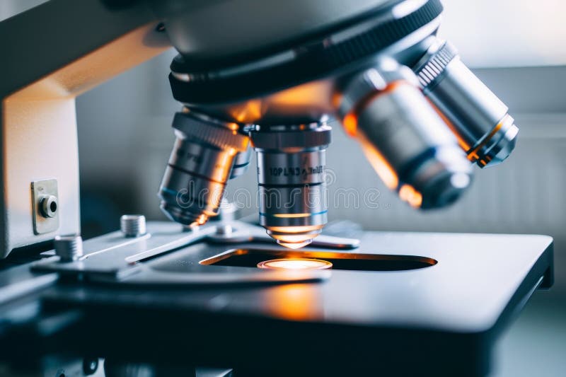 Close Up View of a Microscope with a Light Shining on it in a ...