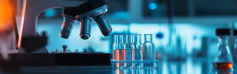 A Close-up View of a Microscope Next To Glass Vials in a Modern ...