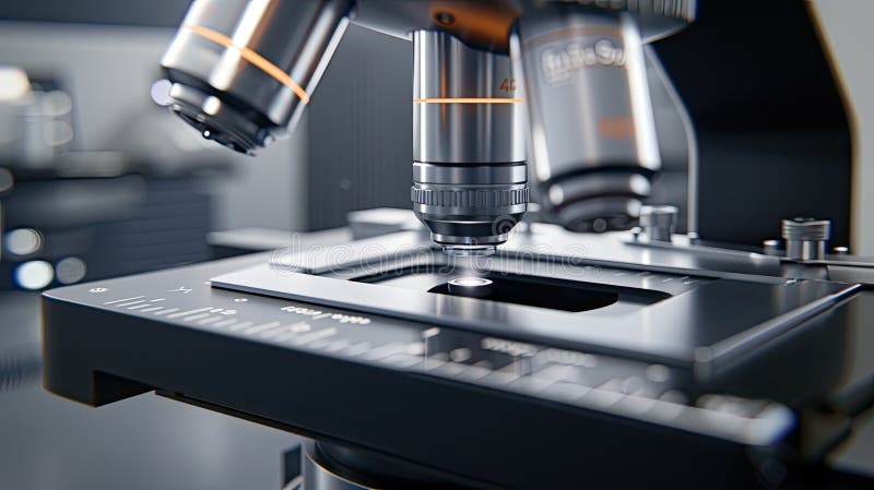 A Close-up View of a Microscope Stage, with a Lens Extended Over a ...