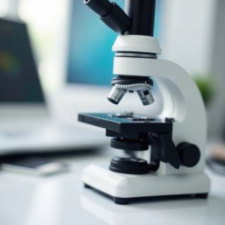 Close-up View of Microscope in Use White Backdrop Chemistry Focus Stock ...