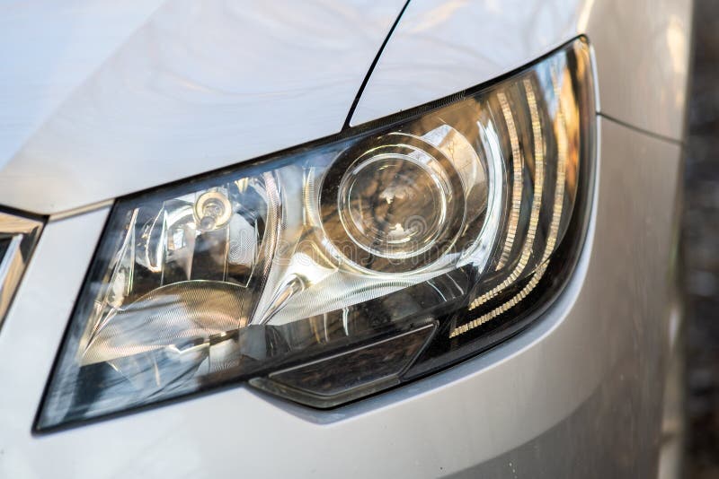 Close Up View of Modern Car Headlight with Shiny Optics Stock Photo ...