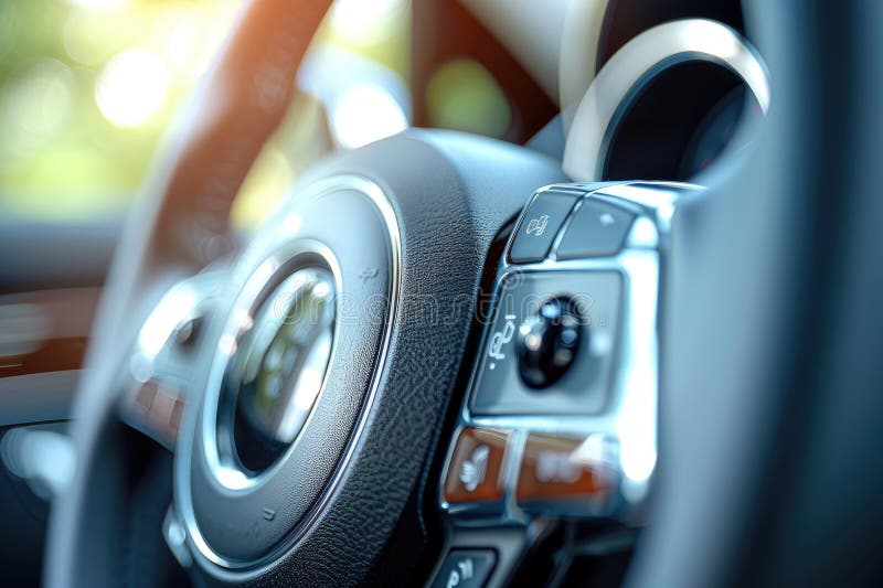 Luxury Car Interior: Close-up of Modern Steering Wheel Controls Stock ...