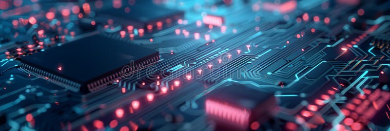 Close-Up View of a Modern Circuit Board with Glowing Lines and ...