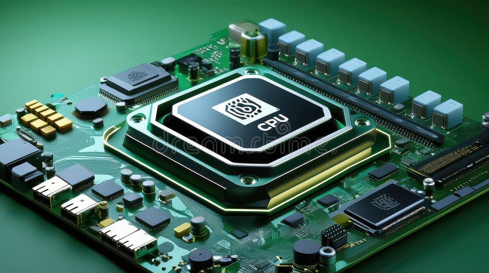 Close Up View of a Modern Computer Central Processing Unit on a Green Electronic Circuit Board ...