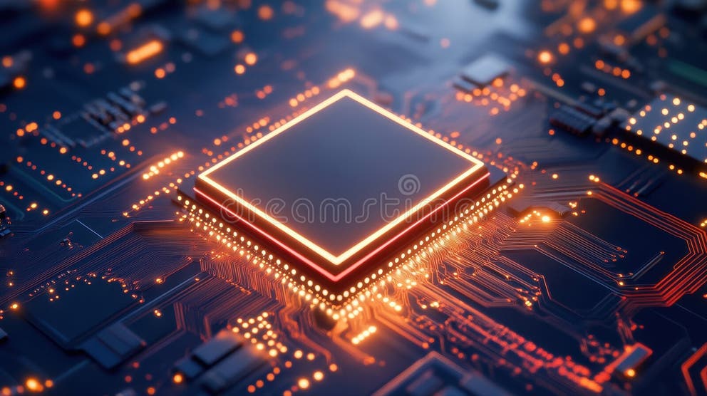 Close-up View of a Modern Computer Microprocessor Chip with Glowing ...