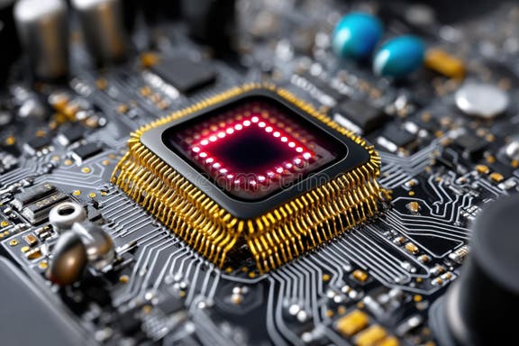 Close-up View of a Modern Computer Processor on a Complex Circuit Board ...