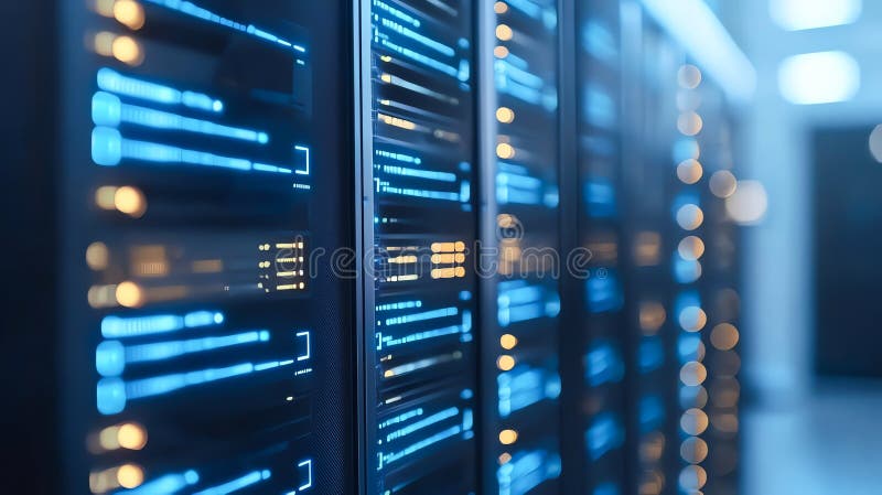 Closeup View of Modern Data Server Racks with Dynamic Blue Lighting and ...