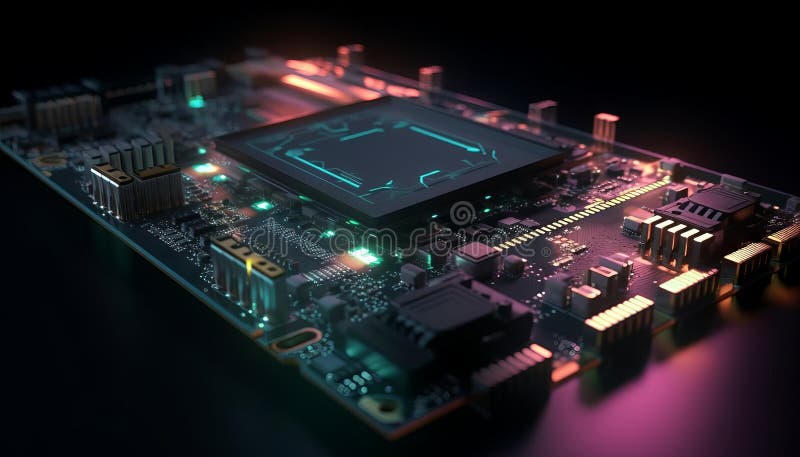 Close Up View of a Modern GPU Card with Circuit and Colorful Lights and ...