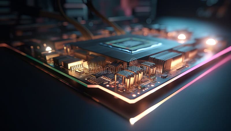 Close Up View of a Modern GPU Card with Circuit and Colorful Lights and ...