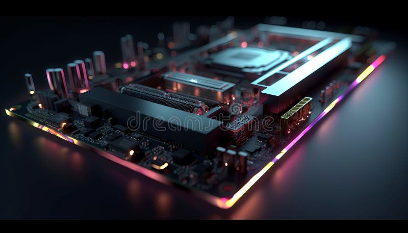 Close Up View of a Modern GPU Card with Circuit and Colorful Lights and ...