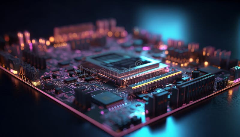 Close Up View of a Modern GPU Card with Circuit and Colorful Lights and ...