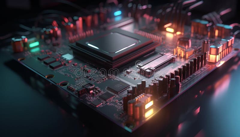 Close Up View of a Modern GPU Card with Circuit and Colorful Lights and ...